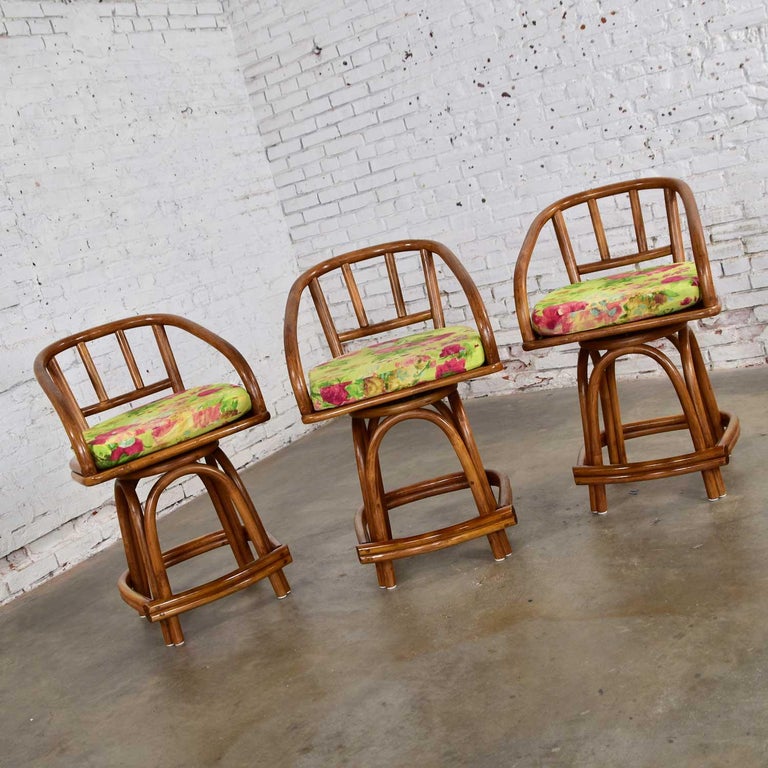 Three MCM Rattan Swivel Counter Height Bar Stools by Rattan Specialties ...