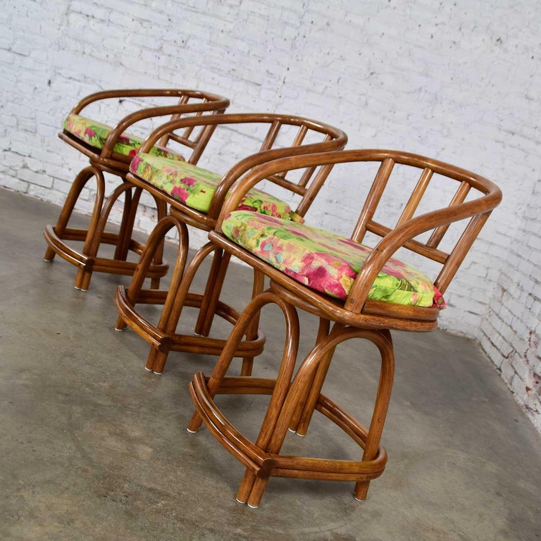 Three MCM Rattan Swivel Counter Height Bar Stools by Rattan Specialties ...