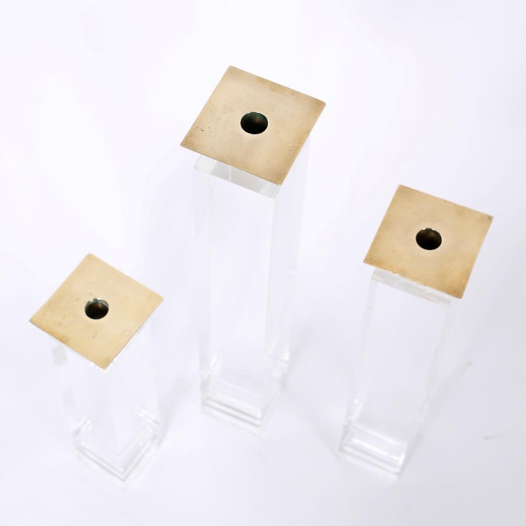 Three Midcentury Lucite and Brass Candlesticks For Sale at 1stDibs