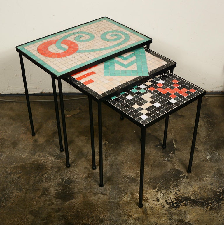 Three Nesting Mid Century Iron and Mosaic Glass Tiles Table at 1stDibs