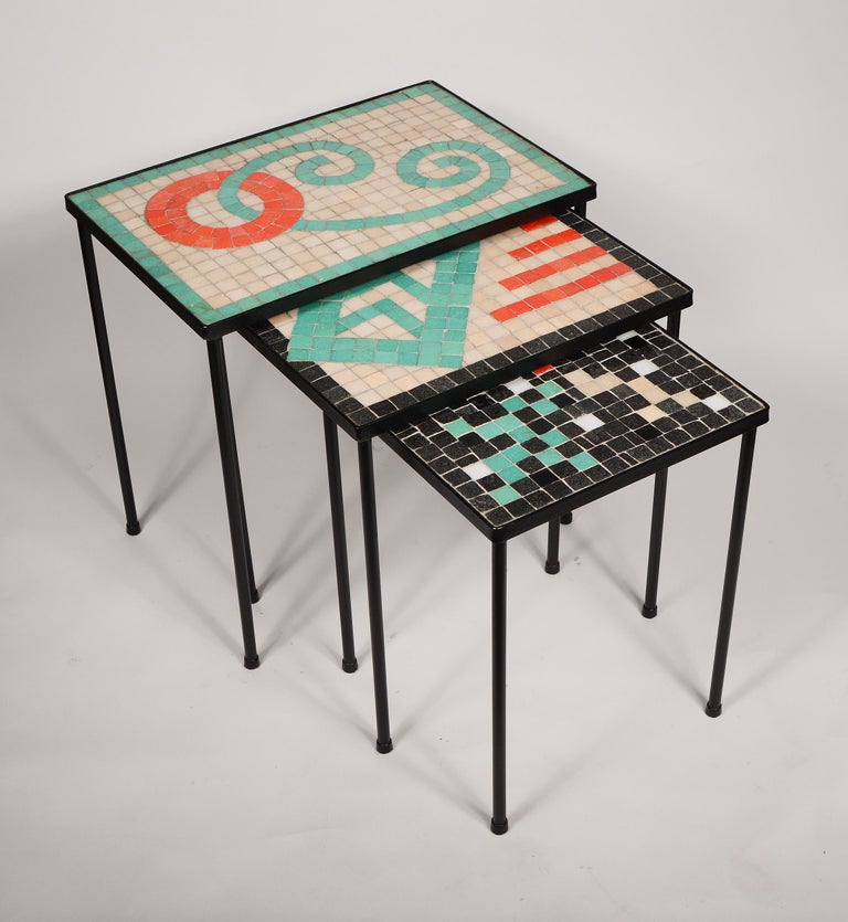 Three Nesting Mid Century Iron and Mosaic Glass Tiles Table at 1stDibs