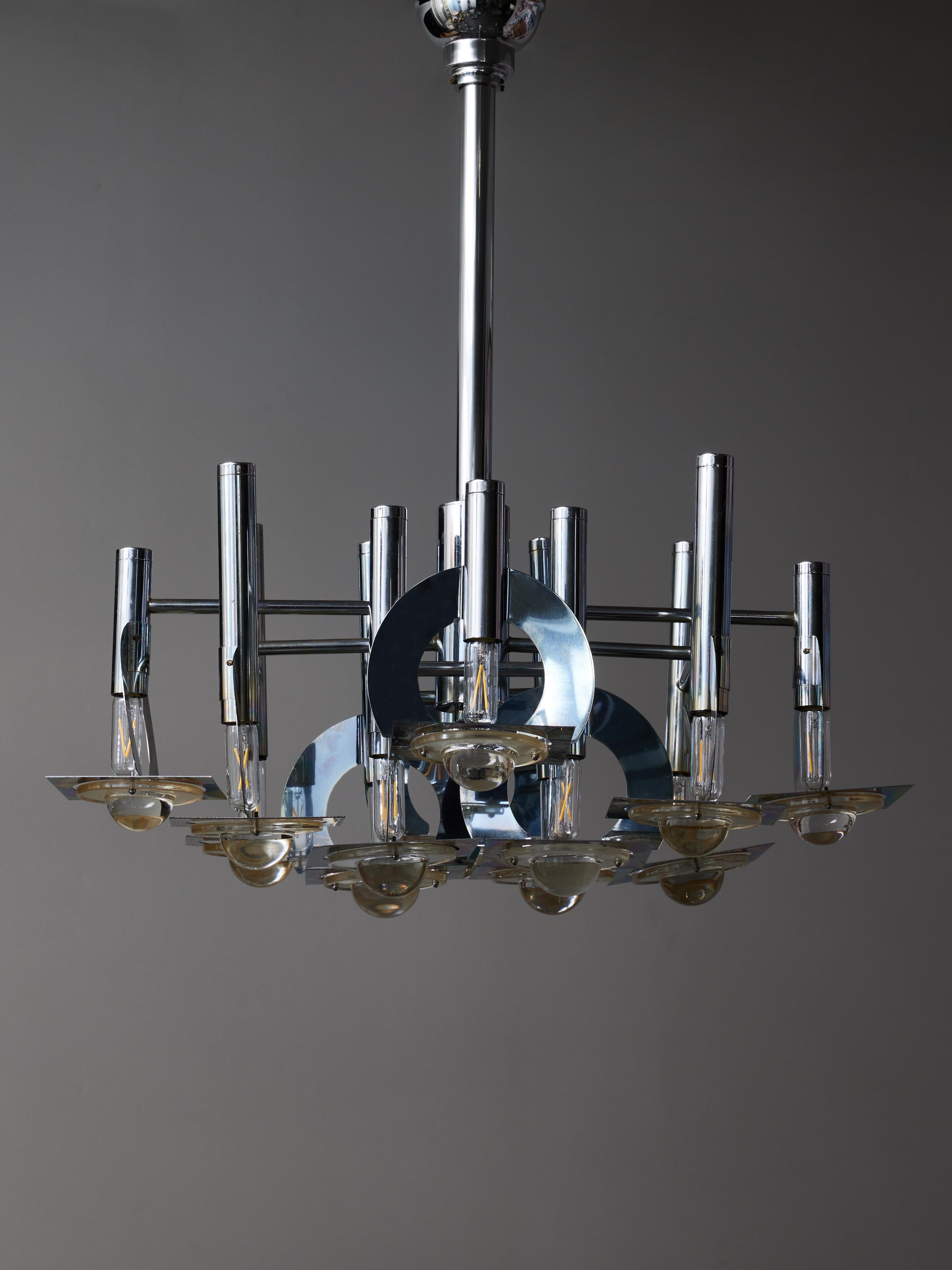 Three Oscar Torlasco for Lumi Steel Chandelier with Glass Lenses For ...