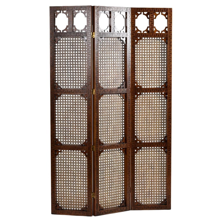 Three-Panel Caned 1970s Room Divider Reversible Double-Hinged Folding ...