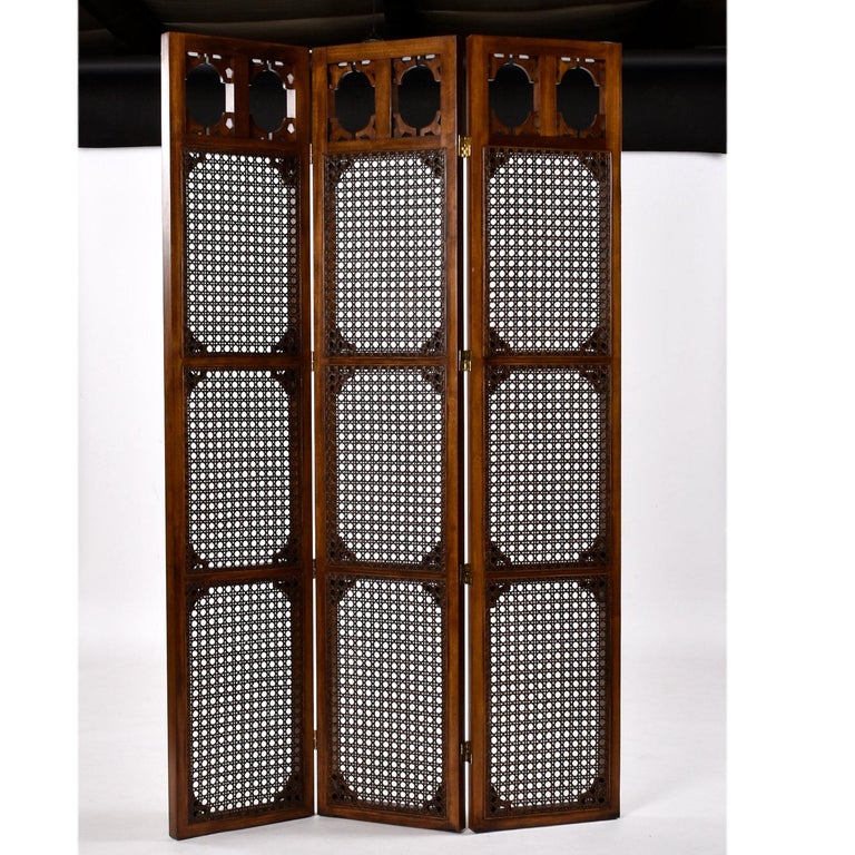 Three-Panel Caned 1970s Room Divider Reversible Double-Hinged Folding ...