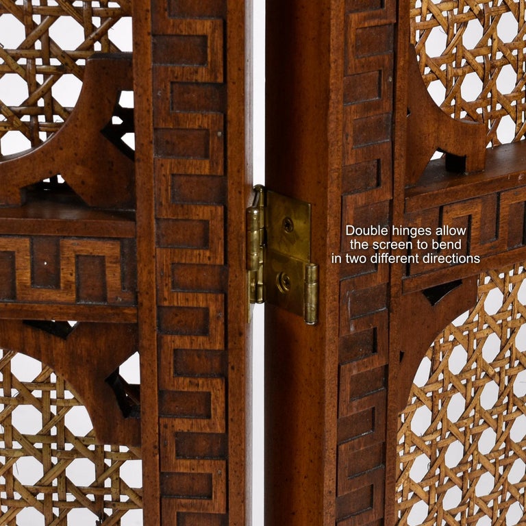Three-Panel Caned 1970s Room Divider Reversible Double-Hinged Folding ...