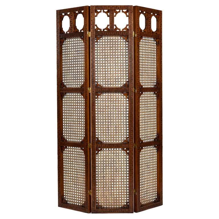 Three-Panel Caned 1970s Room Divider Reversible Double-Hinged Folding ...