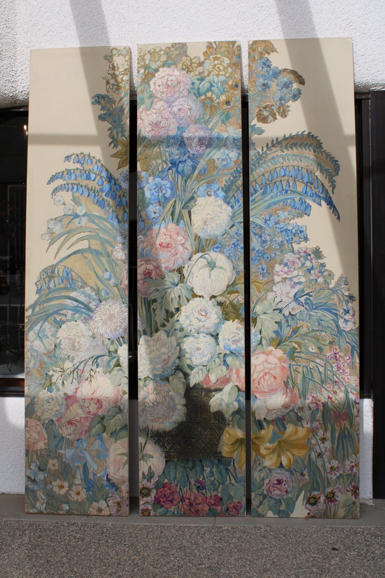 Monumental Nine Foot Triptych Panels Depicting Flowers at 1stDibs