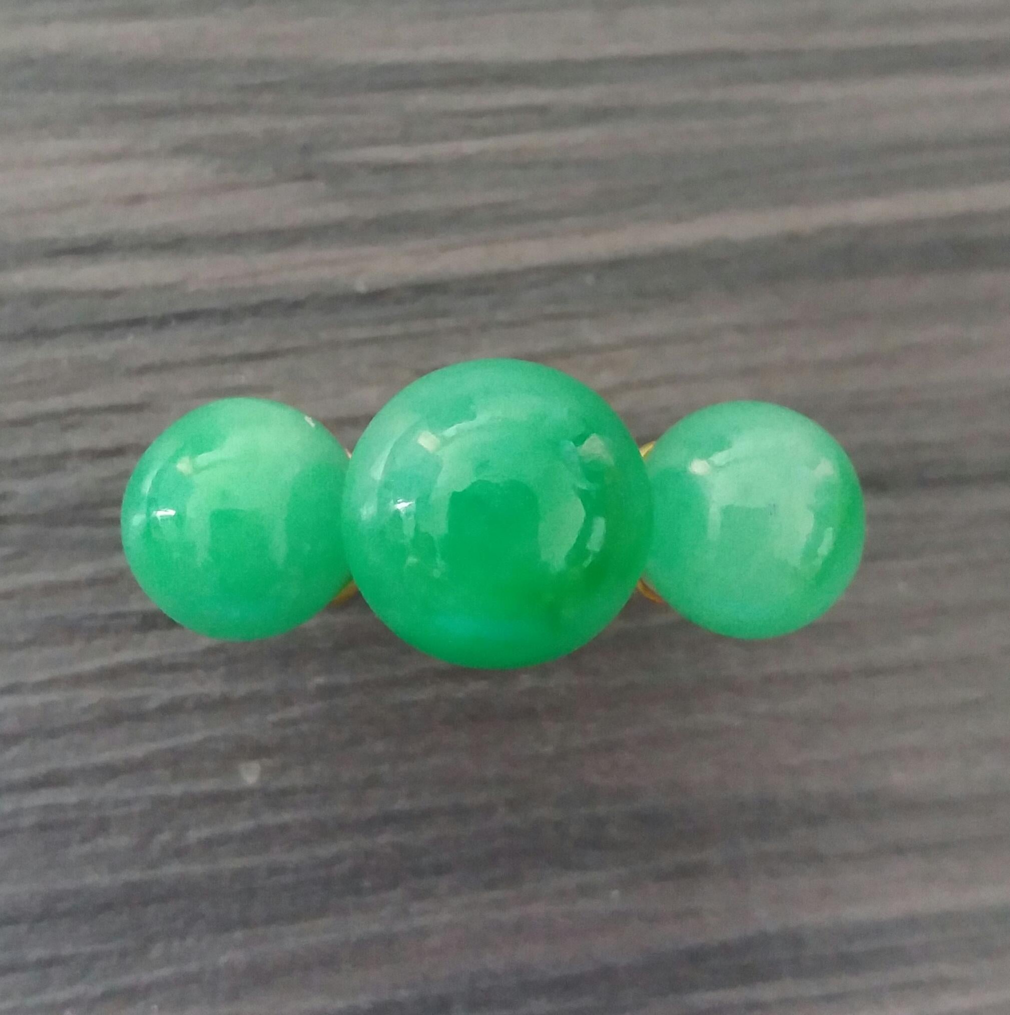 Three Round Plain Burma Jade Beads 14K Yellow Gold Cocktail Ring at 1stDibs