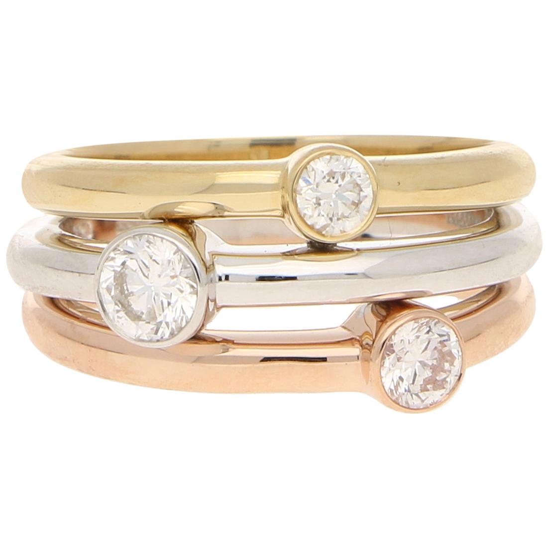 Three-Row Three Color Diamond Ring in 18 Carat Gold 0.62 Carat For Sale ...