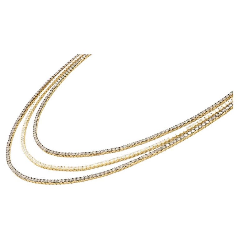 Three Row White and Brown Diamond Tennis Necklace in 18 Kt Yellow Gold ...