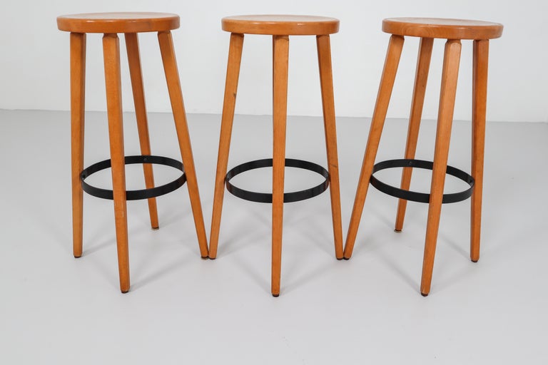 Three Scandinavian Mid-Century Modern Bar Stools in Blond Beech at 1stDibs