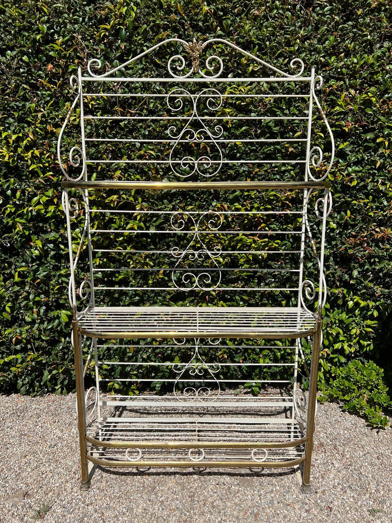 Three Shelf White Metal Bakers Rack with Brass Accents For Sale at 1stDibs