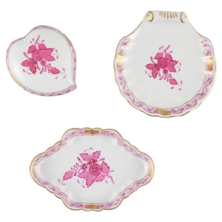 Three Small Herend "Pink Indian" Porcelain Pieces with Purple Flowers ...