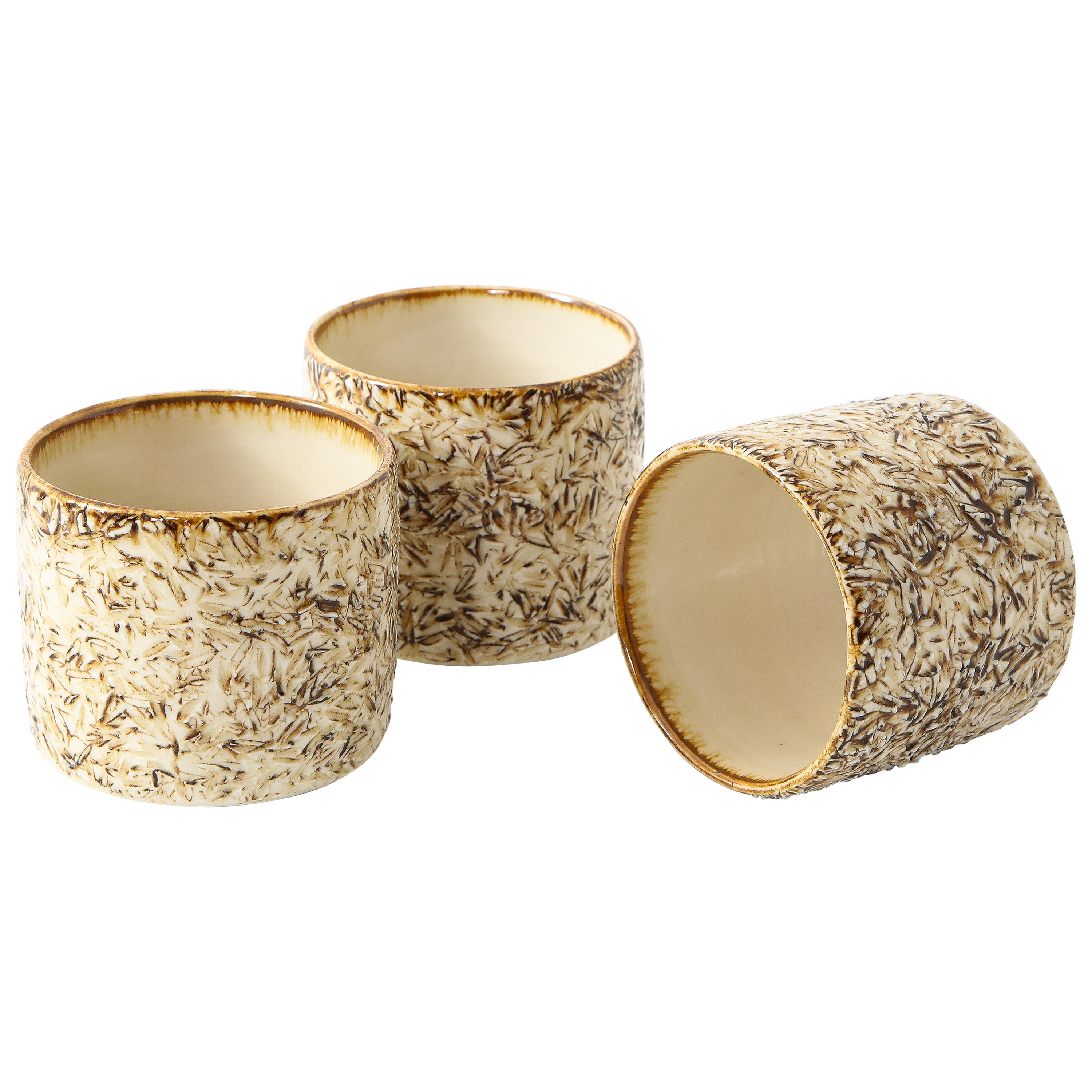 Three Small Neutral Toned Textured Ceramic Tea Tumblers For Sale at 1stDibs