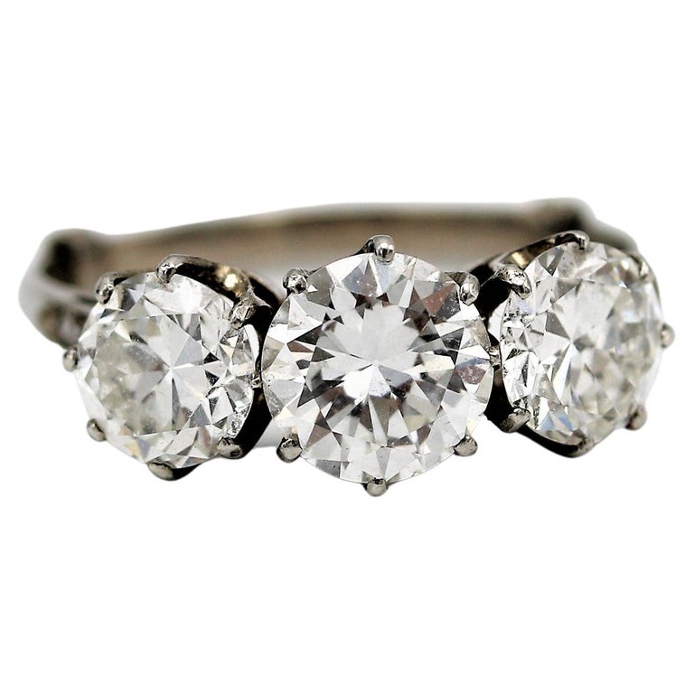 Three stone 2.6 carat transitional cut diamond engagement ring, circa ...