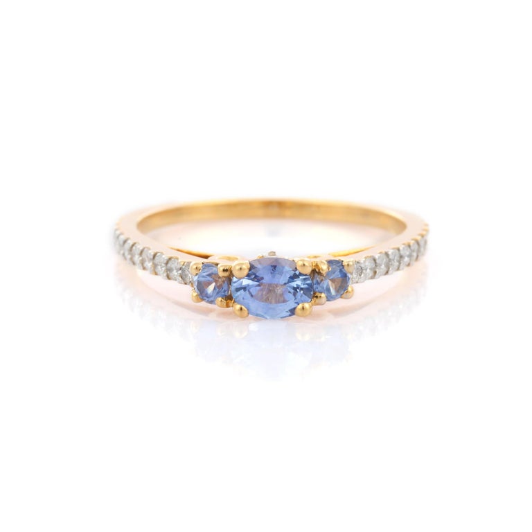 Customizable Minimalist Three Stone Blue Sapphire and Diamond Ring in 14K Solid Yellow Gold For ...