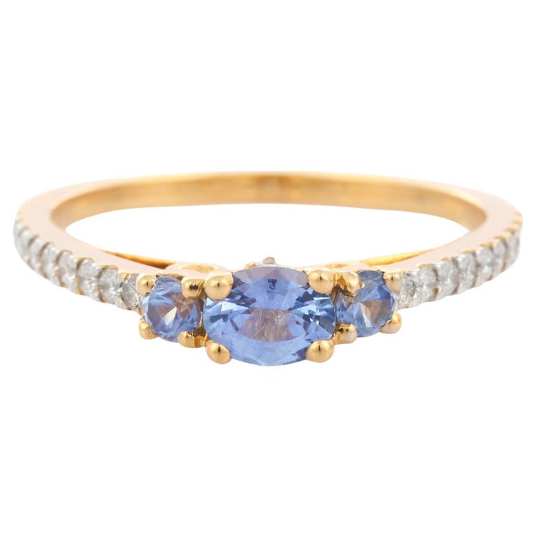 Customizable Minimalist Three Stone Blue Sapphire and Diamond Ring in 14K Solid Yellow Gold For ...