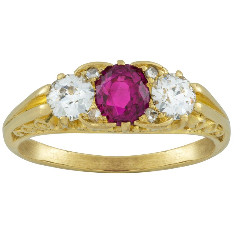 Three-Stone Carved Half Loop Ruby and Diamond Ring at 1stDibs