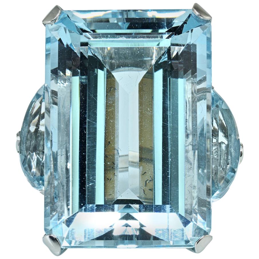 Three-Stone Emerald Cut Aquamarine Platinum Ring 75 Carat For Sale at ...