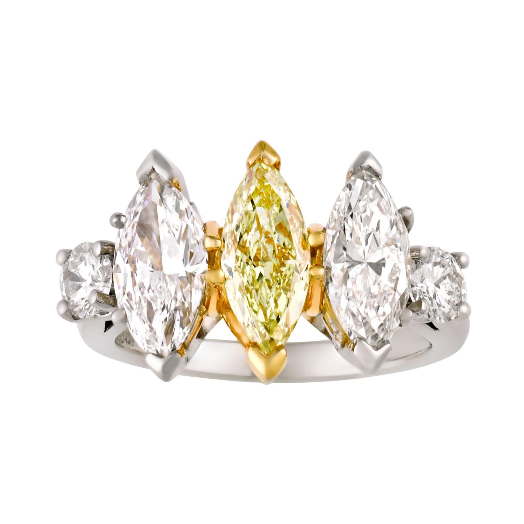Marquise Shaped Ruby Diamond Three Stone Ring at 1stDibs