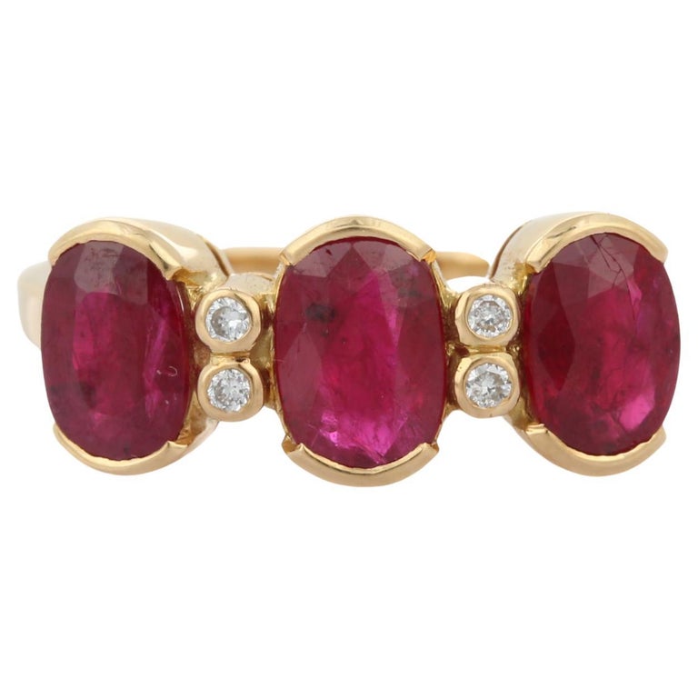 Customizable Three Stone Ruby Diamond Ring in 18 Karat Yellow Gold For ...