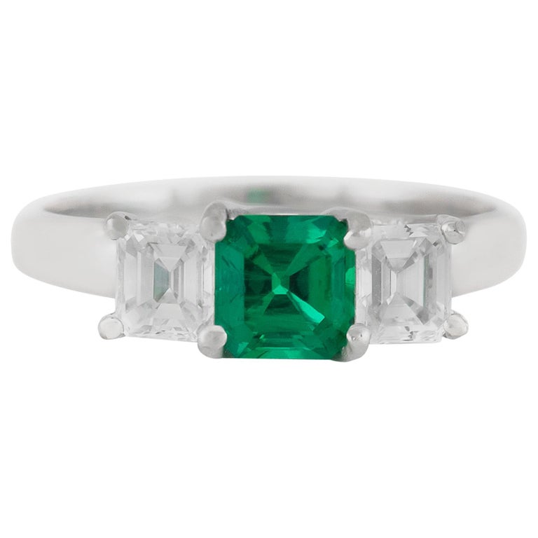 Three Stones with Center Emerald Engagement Ring For Sale at 1stDibs