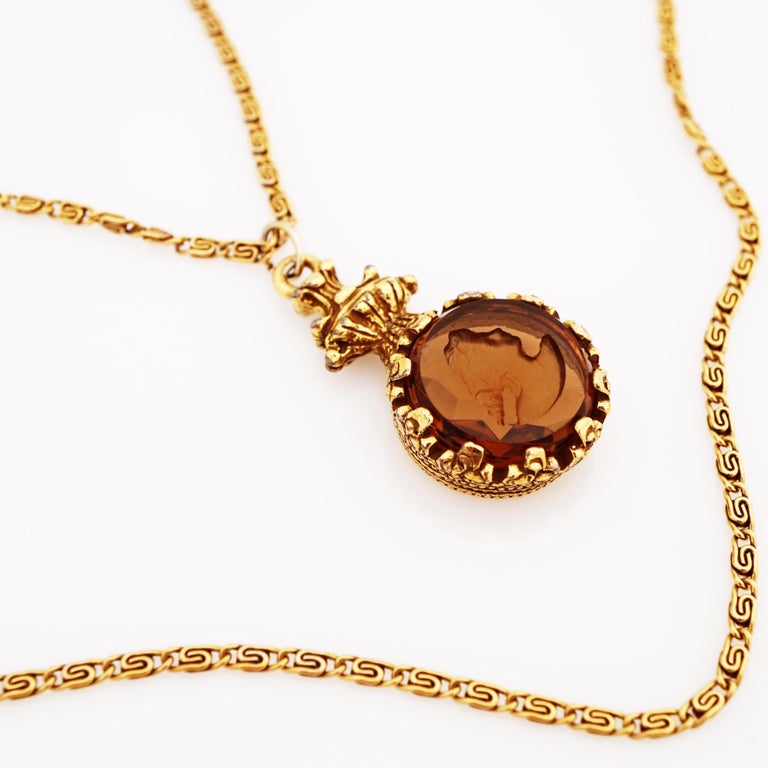 Three Strand Necklace With Topaz Intaglio Pendant By Goldette, 1960s ...