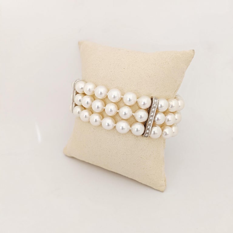 Three-Strand Pearl Bracelet with 18 Karat White Gold and Diamond Clasp ...