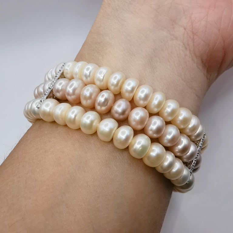 Three-Strand White and Pink Pearl Bracelet with Diamond Clasp in 14K ...