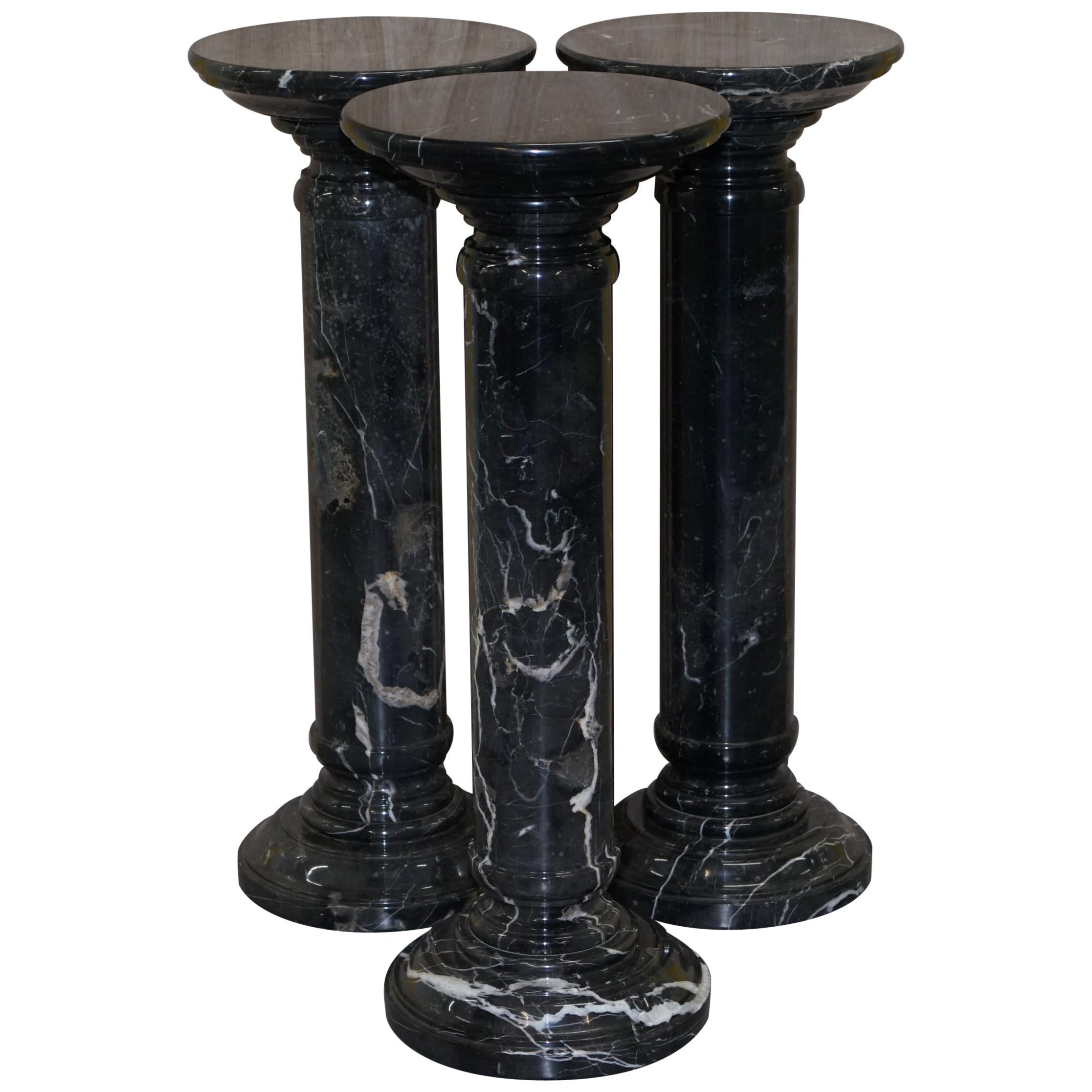 Three Stunning Solid Black Marble with White Veins Pedestal Stands for ...