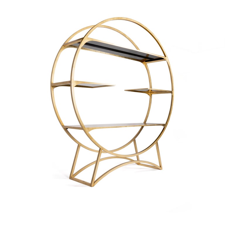 Three Tier Metal Orbital Shelving Unit with Golden Leaf Hand Finish, in ...