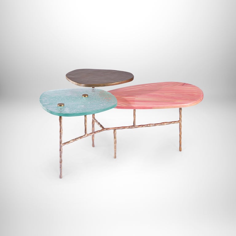Three-Tiered Coffee Table with Hand-Laid Pink Straw, Brass and Custom ...