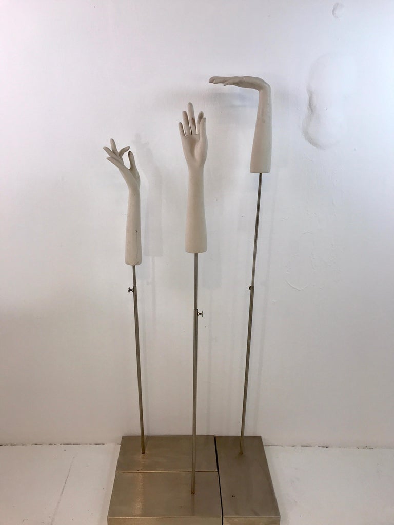 Three Vintage Carved Wood Hand Displays on Chrome Bases, Set Only For ...