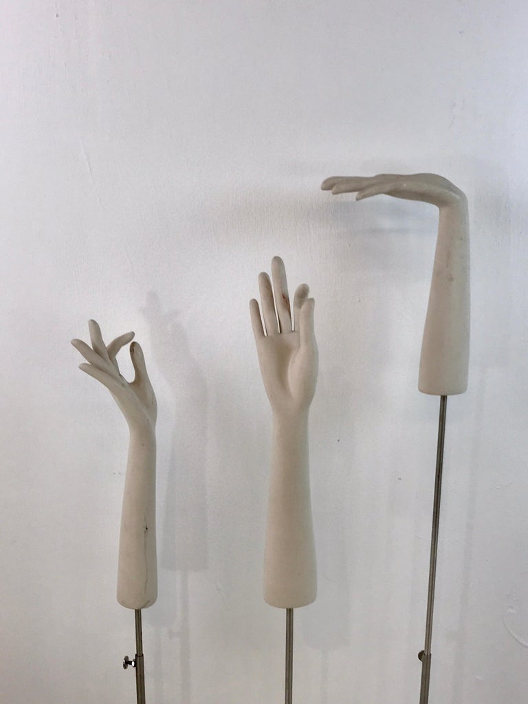 Three Vintage Carved Wood Hand Displays on Chrome Bases, Set Only For ...