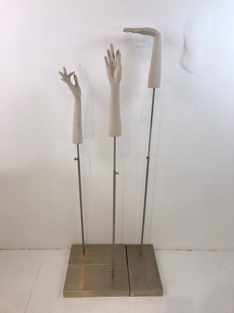 Three Vintage Carved Wood Hand Displays on Chrome Bases, Set Only For ...