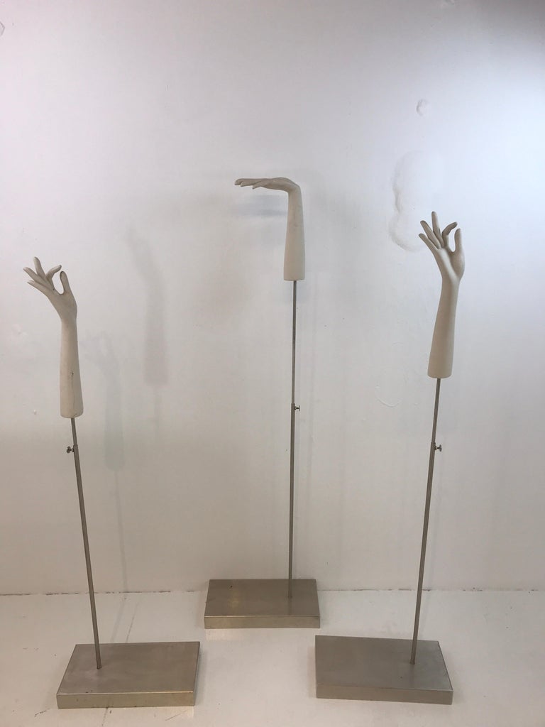 Three Vintage Carved Wood Hand Displays on Chrome Bases, Set Only For ...