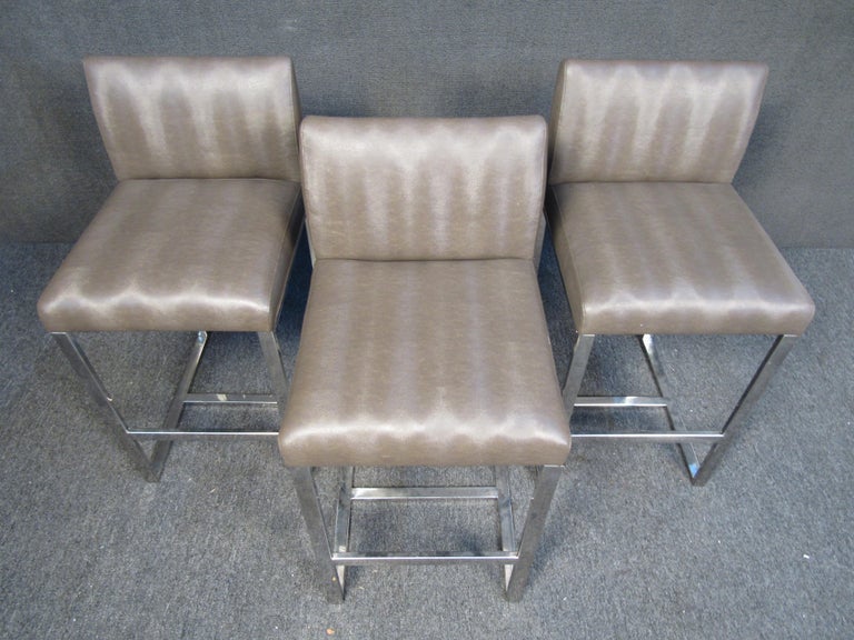 Three Vinyl and Steel Classic Bar Stools For Sale at 1stDibs