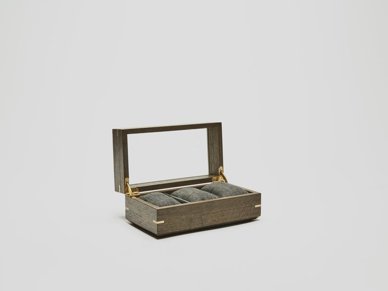 Three Watch Box made from 3000-5000 year-old solid Bog-Oak, Brass ...