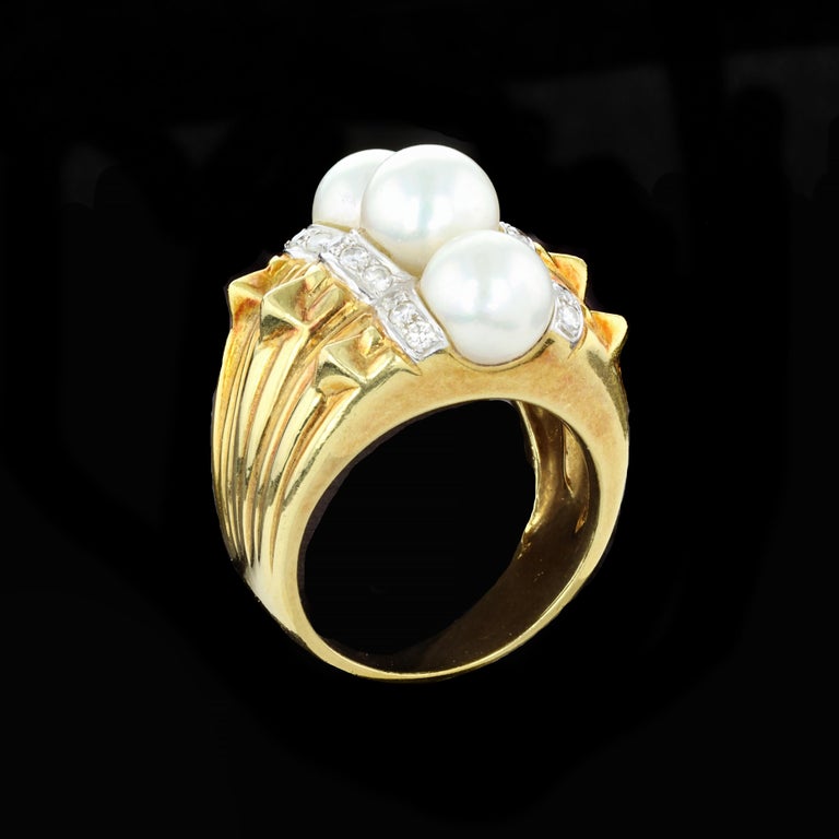Three White Pearl and Diamond Ring For Sale at 1stDibs