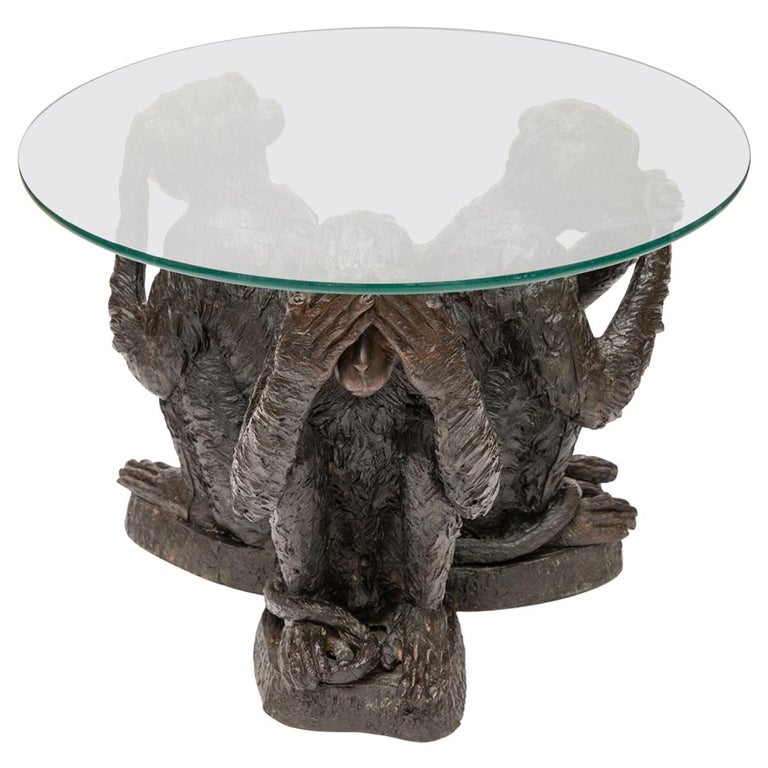 Three Wise Monkeys Bronze and Glass Table at 1stDibs