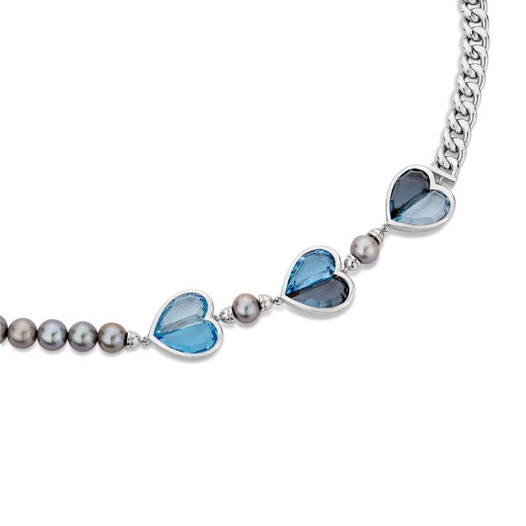Three's a Crowd Blue Topaz and Grey Pearl Necklace in 18 Karat White ...