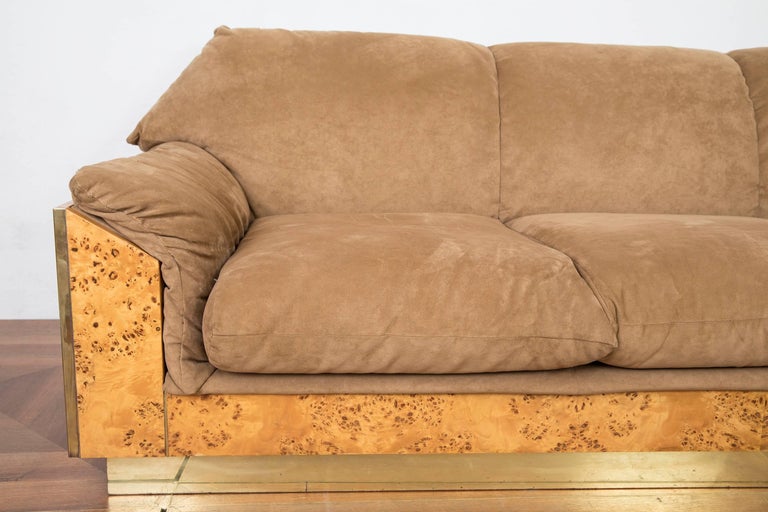 Willy Rizzo Thuja Burl Suede and Brass Italian Sofa, 1970s at 1stDibs