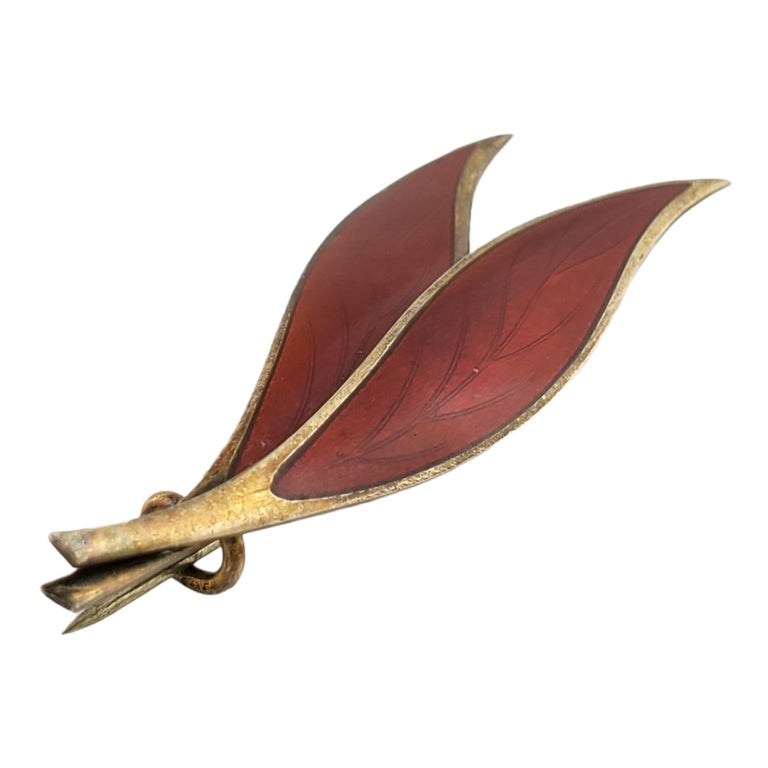 Thune Norway Sterling Silver Gold Vermeil Red Enamel Leaf Pin For Sale ...