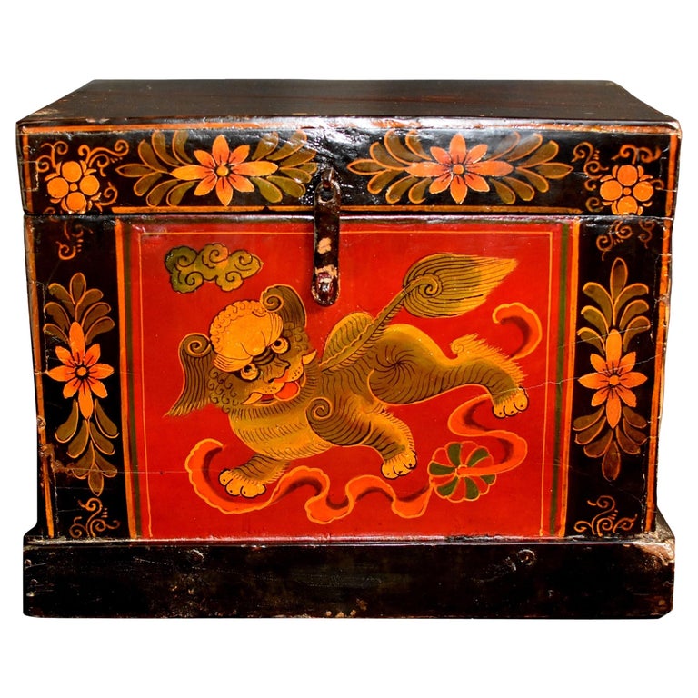 Tibetan Foo Dog Box with Base Hand Painted Box 8 at 1stDibs