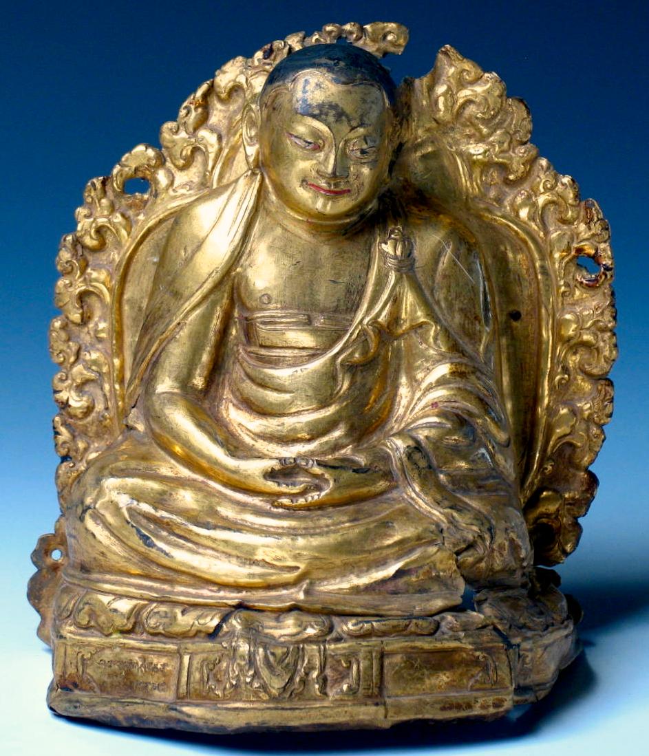 Tibetan Gilt Copper Repoussé Image of a Seated Lama For Sale at 1stDibs
