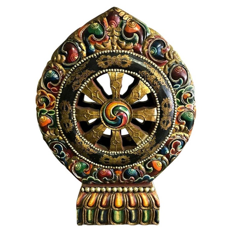 Tibetan Hand Carved and Painted Large Wood Temple Shrine Dharma Wheel ...