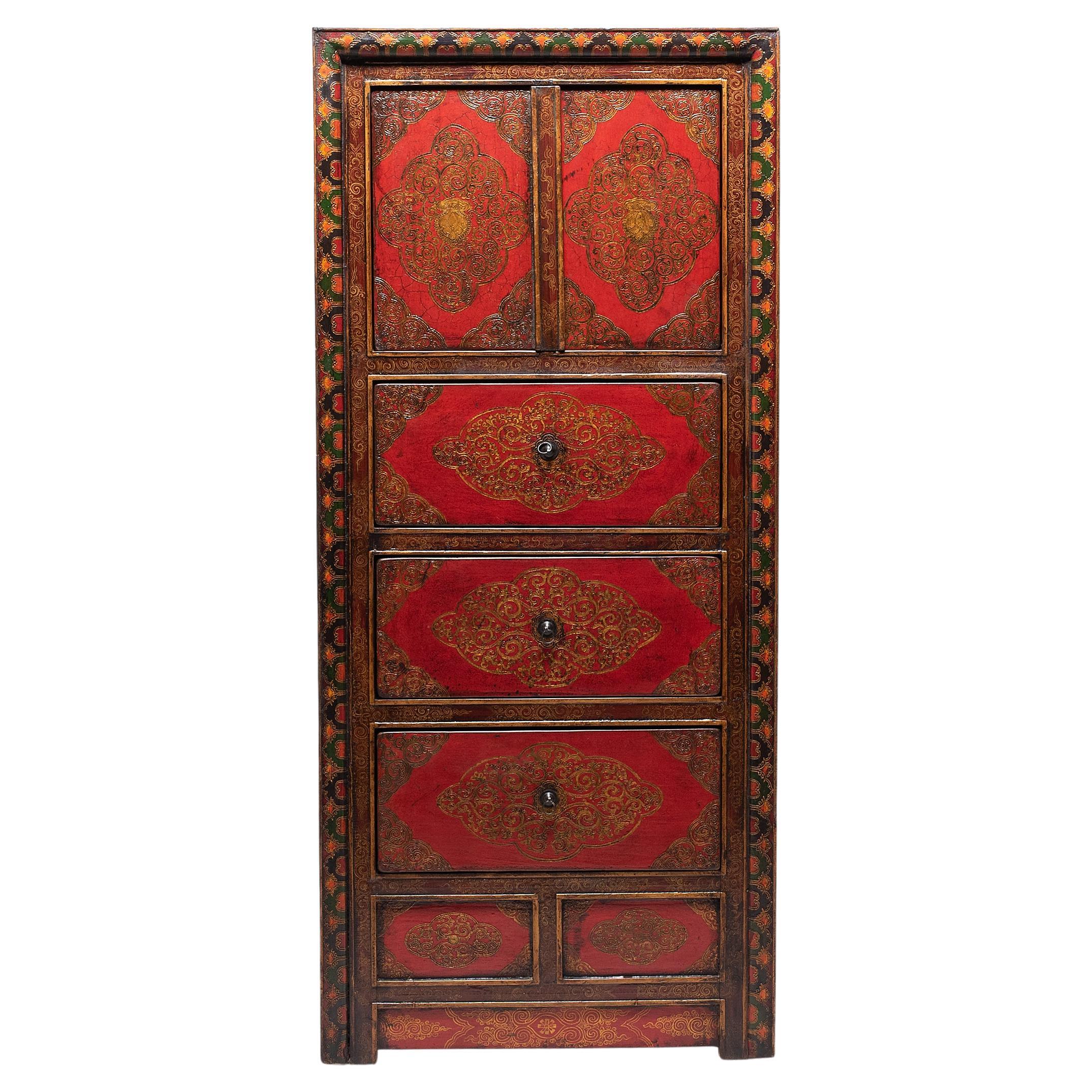 Tibetan Painted Red Lacquer Cabinet, c. 1900 at 1stDibs