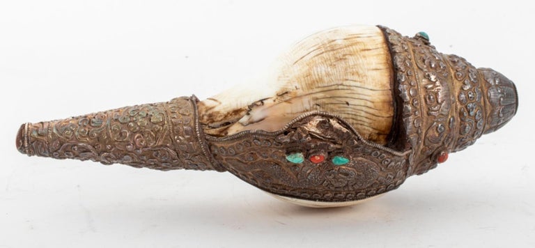 Tibetan Silver Covered Conch Shell Horn, 19th Century For Sale at 1stDibs