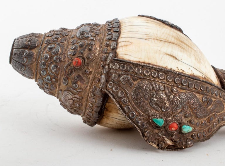 Tibetan Silver Covered Conch Shell Horn, 19th C. For Sale at 1stDibs