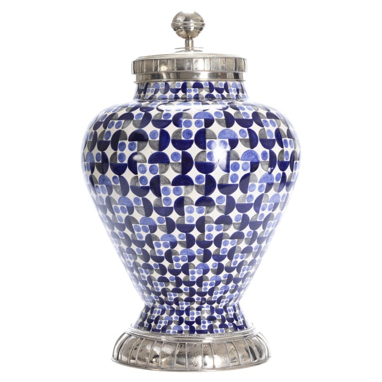 Tibor Con Cuello retícula azul Ceramic and White Metal at 1stDibs